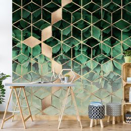 Bilderwelten Fototapete - Tapete Gr&uuml;ne Bl&auml;tter goldene Geometrie Schwarz Dunkel - Wandtapete Schlafzimmer Wohnzimmer K&uuml;che modern auch selbstklebend