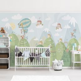 Bilderwelten Fototapete Wald Illustration Wandtapete gr&uuml;n - Wald mit H&auml;usern und Tieren - Ballon Kinderzimmer Baby M&auml;dchen Jungen