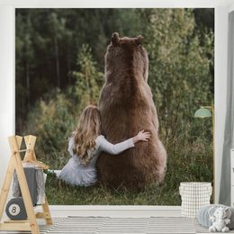 Bilderwelten Fototapete Tiere Motiv Wandtapete gr&uuml;n - M&auml;dchen mit Braunb&auml;r - B&auml;r Wohnzimmer Schlafzimmer