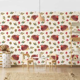 Bilderwelten Mustertapete Tiere Illustration Aquarell beige - S&uuml;&szlig;e Igel Illustration vor Creme - Deko Kinderzimmer Baby M&auml;dchen Jungen