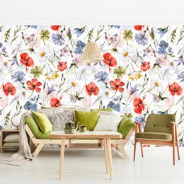 Bilderwelten Mustertapete Blumen Tropisch Aquarell rot - Aquarellierter Mohn mit Kleeblatt - Mohn Wohnzimmer Schlafzimmer