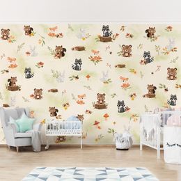 Bilderwelten Fototapete Wald Illustration Aquarell bunt - Waldtiere Herbst - B&auml;ume Kinderzimmer Baby M&auml;dchen Jungen