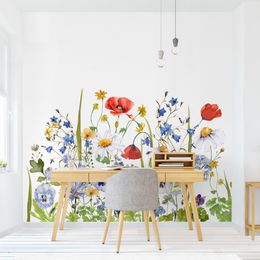Bilderwelten Fototapete Aquarellierte Blumenwiese mit Mohn Aquarell,Botanik Blumenwiese,Mohn Wohnzimmer,Schlafzimmer Vliestapeten inkl. Kleister oder selbstklebend