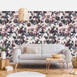 Bilderwelten Fototapete Altmeisterliche Bl&uuml;ten mit Tulpen und Rosen auf Wei&szlig;