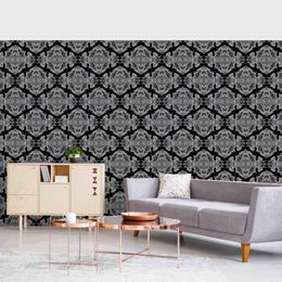 Bilderwelten Fototapete Vliestapete Illustration Aquarell schwarz weiss - Aquarell Barock Muster mit Ornamenten vor Schwarz - Barock Wohnzimmer Schlafzimmer