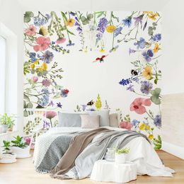 Bilderwelten Fototapete Aquarellierte Blumen mit Marienk&auml;fern Aquarell,Botanik Blumenwiese Wohnzimmer,Schlafzimmer Vliestapeten inkl. Kleister oder selbstklebend
