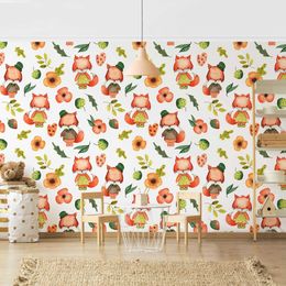 Bilderwelten Mustertapete Vliestapete Illustration Aquarell orange - S&uuml;&szlig;e F&uuml;chse als Aquarell - Deko Kinderzimmer Baby M&auml;dchen Jungen