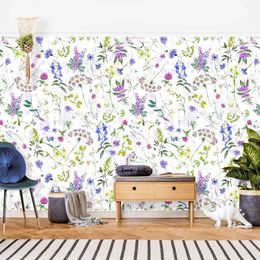 Bilderwelten Mustertapete Blumen Tropisch Aquarell bunt - Aquarellierte Wiesenblumen - Deko Wohnzimmer Schlafzimmer