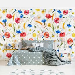 Bilderwelten Mustertapete Blumen Illustration Aquarell bunt - Aquarellierte Feldblumen mit Mohn - Blumenwiese Wohnzimmer Schlafzimmer