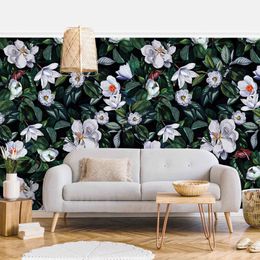 Bilderwelten Mustertapete Blumen modern Wandtapete gr&uuml;n - Tropische Nacht mit wei&szlig;en Blumen - Deko Wohnzimmer Schlafzimmer