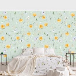 Bilderwelten Mustertapete Blumen Tropisch Aquarell gr&uuml;n - Aquarellierter L&ouml;wenzahn - Deko Wohnzimmer Schlafzimmer