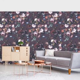 Bilderwelten Fototapete Blumen Vintage Wandtapete violett - Altmeisterliche Bl&uuml;ten mit Tulpen und Rosen auf Lila - Retro Wohnzimmer Schlafzimmer