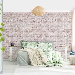 Bilderwelten Fototapete Vliestapete Vintage Steinoptik rot - Backstein Mauer Shabby gestrichen Wei&szlig; - Retro Wohnzimmer Schlafzimmer
