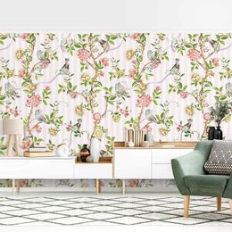 Bilderwelten Mustertapete Tiere Tropisch Aquarell rosa - Aquarellierte Blumenranken mit V&ouml;geln - V&ouml;gel Wohnzimmer Schlafzimmer