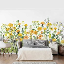 Bilderwelten Fototapete Blumen Illustration Aquarell gr&uuml;n - Aquarellierte Blumenwiese in Gelb - Blumenwiese Wohnzimmer Schlafzimmer