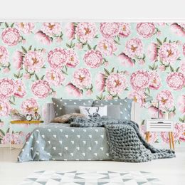 Bilderwelten Mustertapete Rosa Blumen auf Mint als Aquarell