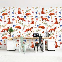 Bilderwelten Mustertapete Tiere Illustration Aquarell rot - Fuchs mit Pilzen Illustration - Deko Kinderzimmer Baby M&auml;dchen Jungen