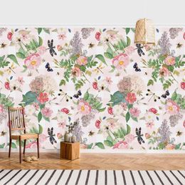 Bilderwelten Mustertapete Schmetterlinge mit rosa Blumen