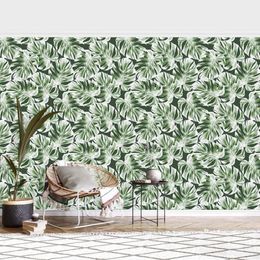 Bilderwelten Fototapete Vliestapete Tropisch Aquarell gr&uuml;n - Aquarell Monstera Bl&auml;tter vor Gr&uuml;n - Pflanzen Wohnzimmer Schlafzimmer