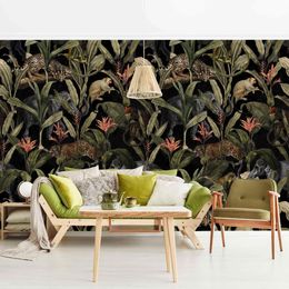 Bilderwelten Mustertapete Tiere Vintage Wandtapete gr&uuml;n - Tropische Nacht mit Leopard - Retro Wohnzimmer Schlafzimmer