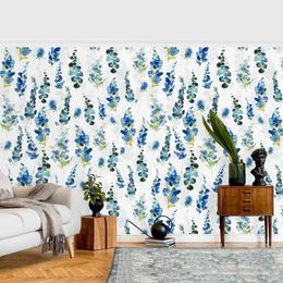 Bilderwelten Mustertapete Blumen Tropisch Aquarell blau - Blumenpracht in Blau - Deko Wohnzimmer Schlafzimmer