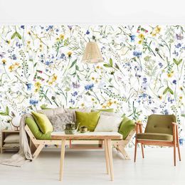 Bilderwelten Mustertapete Blumen Tropisch Aquarell gr&uuml;n - Blumenwiese als Aquarell - Deko Wohnzimmer Schlafzimmer
