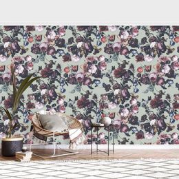 Bilderwelten Fototapete Blumen Vintage Wandtapete gr&uuml;n - Altmeisterliche Bl&uuml;ten mit Tulpen und Rosen auf Gr&uuml;n - Retro Wohnzimmer Schlafzimmer