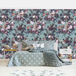 Bilderwelten Fototapete Blumen Vintage Wandtapete t&uuml;rkis - Altmeisterliche Bl&uuml;ten mit Tulpen und Rosen auf Blau - Retro Wohnzimmer Schlafzimmer