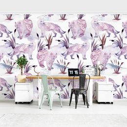 Bilderwelten Mustertapete Tiere Illustration Aquarell violett - Aquarellierte F&uuml;chse mit B&auml;r - B&auml;r Wohnzimmer Schlafzimmer