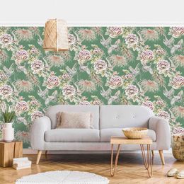 Bilderwelten Fototapete Tiere Tropisch Aquarell gr&uuml;n - Aquarell V&ouml;gel mit gro&szlig;en Bl&uuml;ten vor Gr&uuml;n - V&ouml;gel Wohnzimmer Schlafzimmer