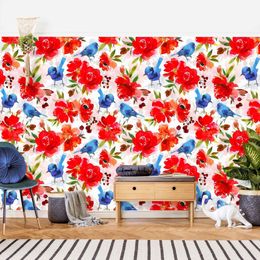 Bilderwelten Mustertapete Blumen Illustration Aquarell rot - Aquarellierte V&ouml;gel in Blau mit Rosen - V&ouml;gel Wohnzimmer Schlafzimmer