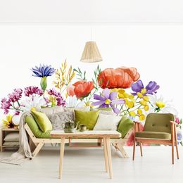 Bilderwelten Fototapete Blumen Illustration Aquarell bunt - Aquarellierte Blumen - Blumenwiese Wohnzimmer Schlafzimmer