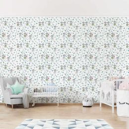 Bilderwelten Fototapete Tiere Tropisch Aquarell blau - Blaue Blumen mit M&auml;usen - Deko Kinderzimmer Baby M&auml;dchen Jungen