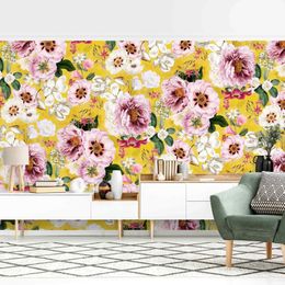 Bilderwelten Mustertapete Blumen modern Wandtapete gelb - Bl&uuml;ten auf Gelb - Deko Wohnzimmer Schlafzimmer