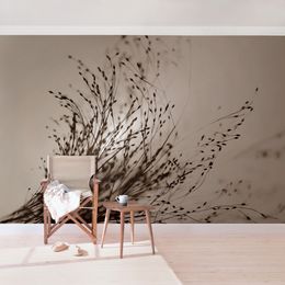 Bilderwelten Fototapete Zarte Gr&auml;ser im Nebel selbstklebende Tapete Wandtapeten Wohnzimmer Vliestapete Schlafzimmer K&uuml;che 3D Grau Schwarz Flur