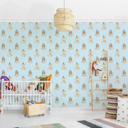 Bilderwelten Fototapete Tiere Illustration Aquarell blau - B&auml;ren und F&uuml;chse vor Blau - Deko Kinderzimmer Baby M&auml;dchen Jungen