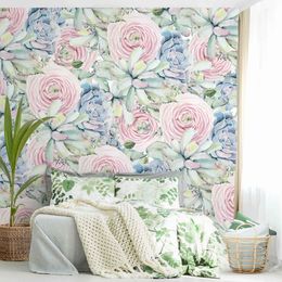 Bilderwelten Fototapete Vliestapete Tropisch Aquarell rosa - Aquarell Sukkulenten und Ranunkeln Muster - Pflanzen Wohnzimmer Schlafzimmer