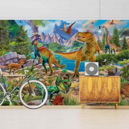 Bilderwelten Fototapete Dinotapete Dinosaurier T-Rex und Parasaurolophus selbstklebende Tapete Dinosaueriertapete Jungen Boys Wandtapeten Jungenzimmer Vliestapete