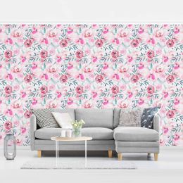 Bilderwelten Mustertapete Blumen Illustration Aquarell rosa - Aquarell Blumen Pink mit Blauen Bl&auml;ttern - Rose Wohnzimmer Schlafzimmer
