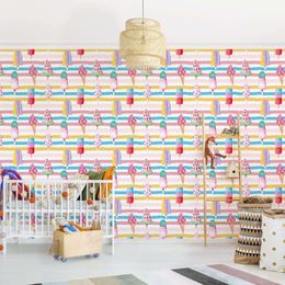 Bilderwelten Mustertapete Vliestapete Illustration Aquarell bunt - Aquarell Eis Bunt mit Punkten - Streifen Kinderzimmer Baby M&auml;dchen Jungen