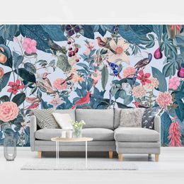 Bilderwelten Fototapete Blumen Vintage Wandtapete bunt - Vintage Collage - Vogelgarten - Retro Wohnzimmer Schlafzimmer