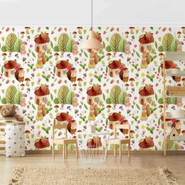 Bilderwelten Mustertapete Wald Illustration Aquarell gr&uuml;n - Aquarellierte Igel mit Eule Illustration - B&auml;ume Kinderzimmer Baby M&auml;dchen Jungen