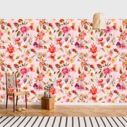 Bilderwelten Mustertapete Blumen Illustration Aquarell rosa - Aquarellierte Blumen auf Rosa - Deko Wohnzimmer Schlafzimmer