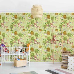 Bilderwelten Fototapete Tiere Illustration Aquarell gr&uuml;n - Bauernhof Illustration mit Schafen - Bauernhof Kinderzimmer Baby M&auml;dchen Jungen