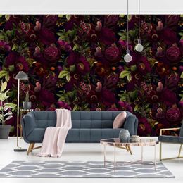 Bilderwelten Mustertapete originell Tropisch Wandtapete violett - Lila Bl&uuml;ten Dunkel - Rose Wohnzimmer Schlafzimmer