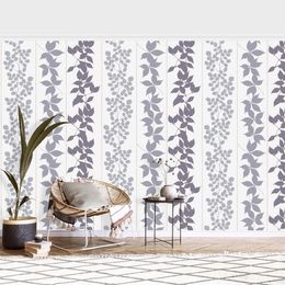 Bilderwelten Fototapete Vliestapete modern Wandtapete grau - Blatt Silhouetten mit Streifen - Deko Wohnzimmer Schlafzimmer
