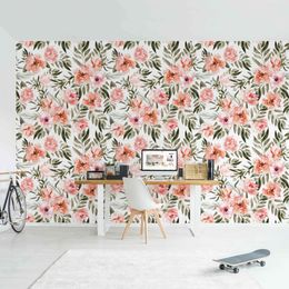 Bilderwelten Mustertapete originell Illustration Aquarell rosa - Aquarell Rosa Bl&uuml;ten vor Wei&szlig; - Rose Wohnzimmer Schlafzimmer