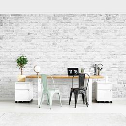 Bilderwelten Fototapete Vliestapete Shabby 3D-Effekt weiss - Wei&szlig;e Backstein Mauer - Beton Wohnzimmer Schlafzimmer