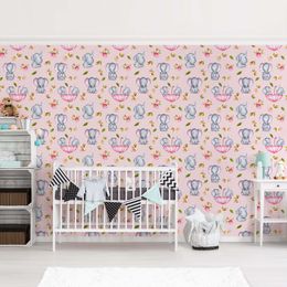 Bilderwelten Fototapete Tiere Illustration Aquarell rosa - Elefanten mit Blumen vor Rosa - Deko Kinderzimmer Baby M&auml;dchen Jungen
