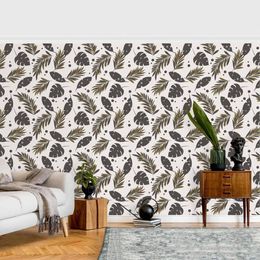 Bilderwelten Fototapete Vliestapete Tropisch Wandtapete grau - Blattsilhouetten mit Monstera - Pflanzen Wohnzimmer Schlafzimmer